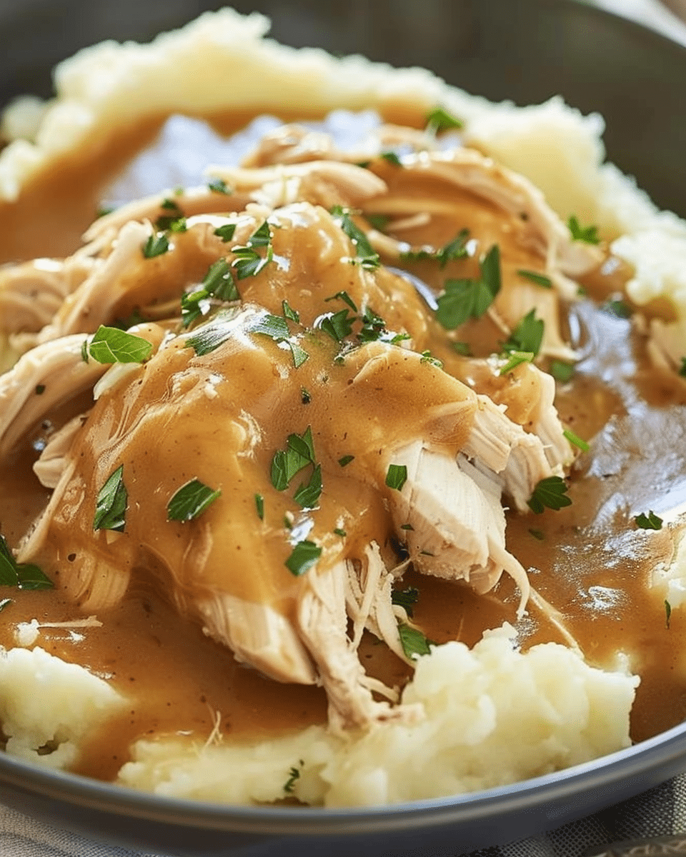 Shredded Chicken Gravy on Mashed Potatoes - Cooked By Mia