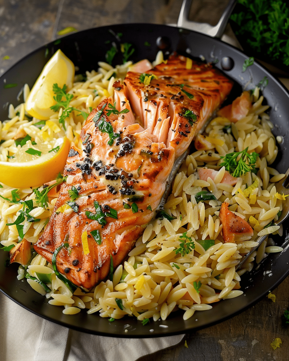 Pan-Fried Salmon with Creamy Lemon Orzo - Cooked By Mia